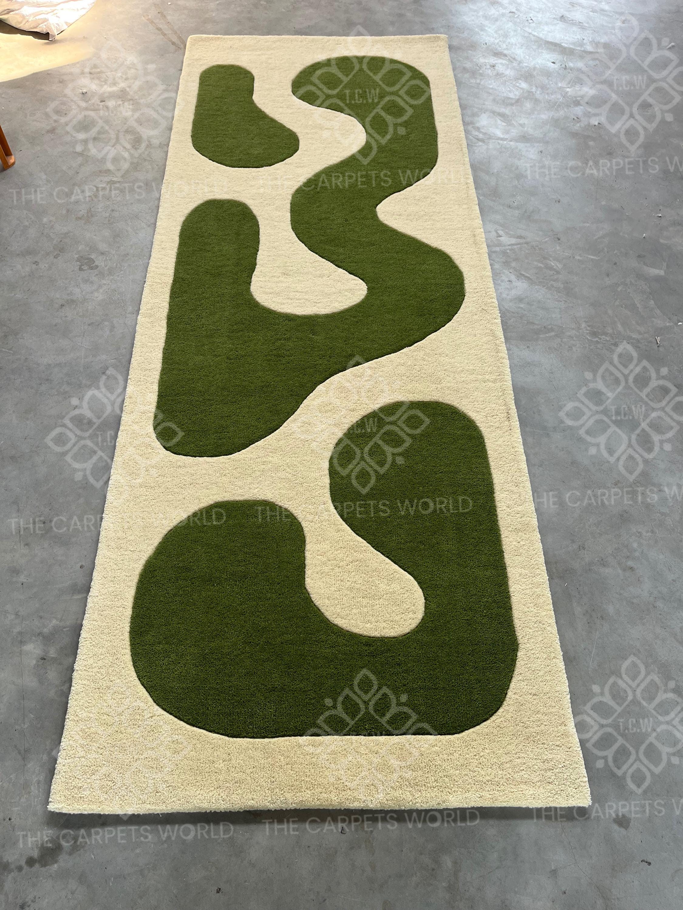 3x10 Modern Abstract Green Runner Rug, Hand Tufted Wool Runner Carpet ...