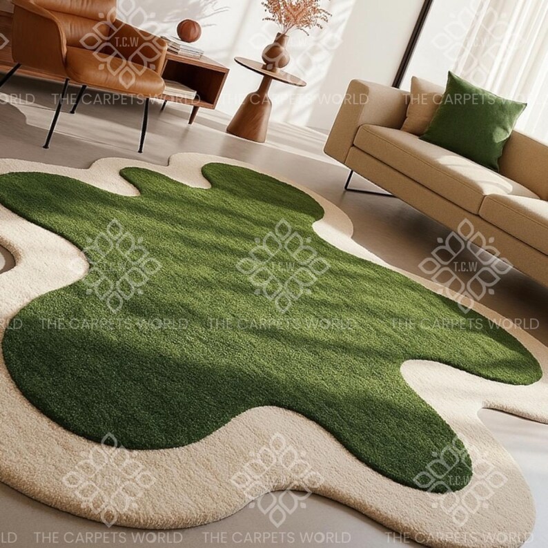 Groovy Splash Shag Rug– Retro Green & Cream Blob Area Rug, Handmade ...