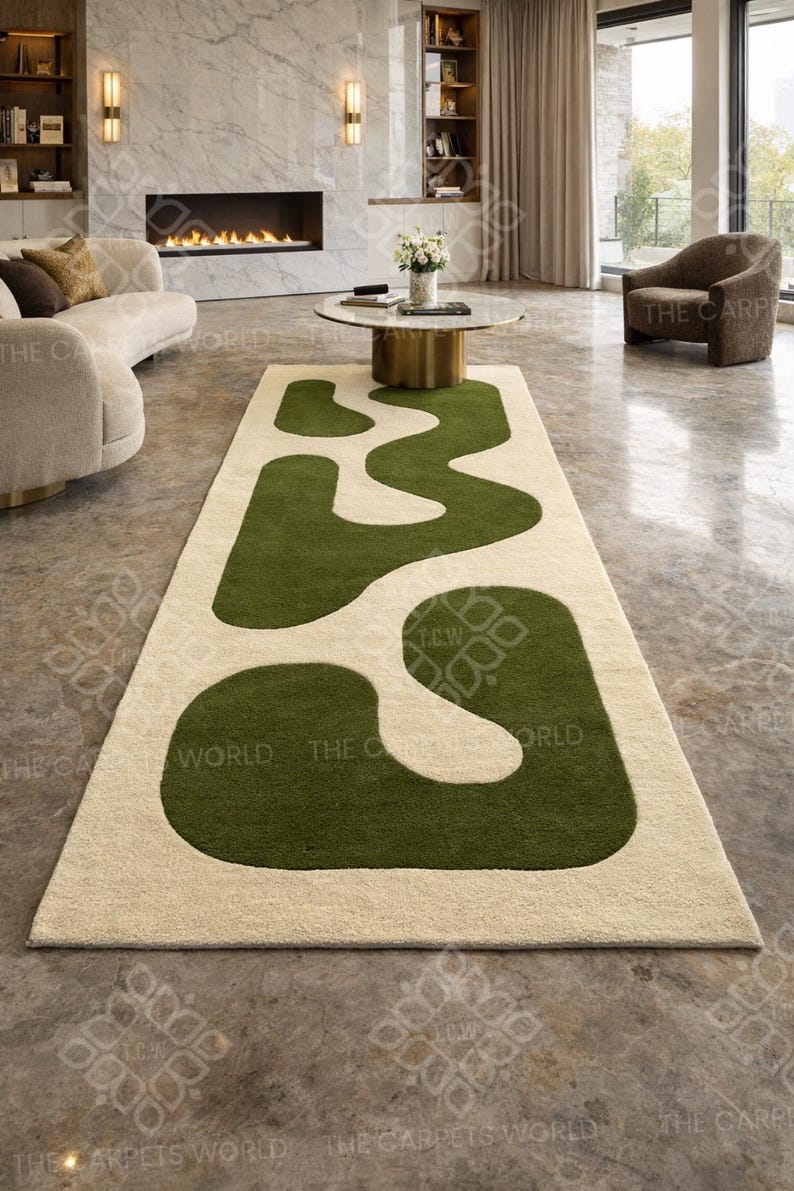 3x10 Modern Abstract Green Runner Rug, Hand Tufted Wool Runner Carpet ...