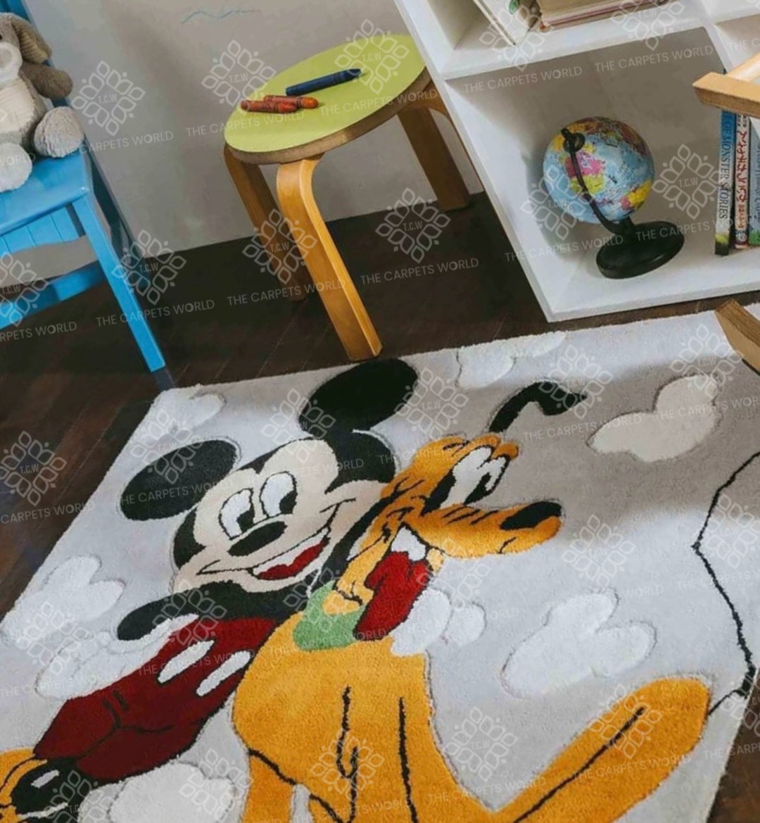 Mickey and Pluto Hand Tufted Rug, 100% Wool, Cartoon Rug, Hand Tufted ...