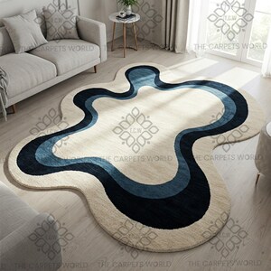 Coastal Flow Creamy Tone Hand Tufted Wool Rug Organic Shape Soft Blue ...