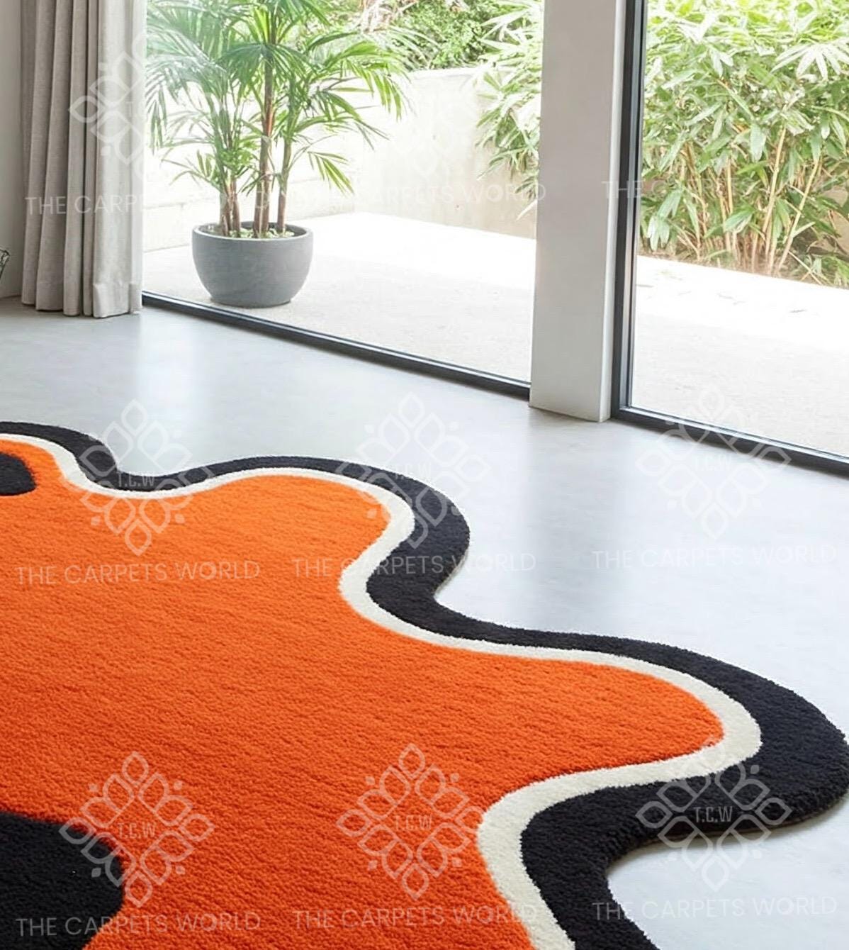 Amoeba Shape Hand Tufted Wool Rug Organic Shape Vibrant Orange & Black ...