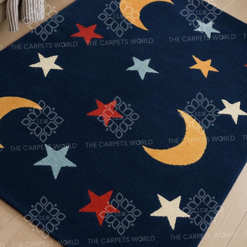 9x12 Colorful Moon & Stars Hand Tufted Rug, Celestial Navy Blue Nursery ...