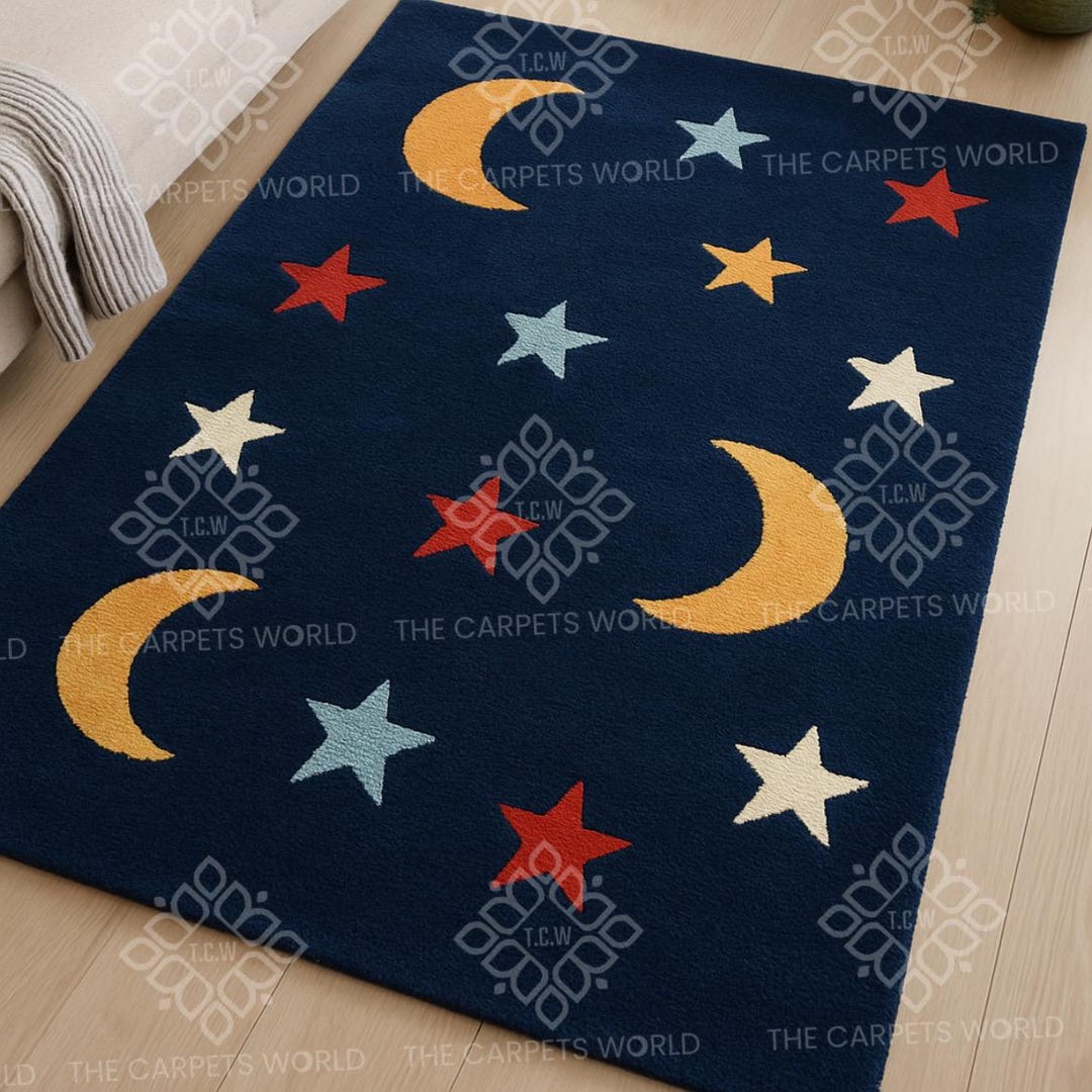 9x12 Colorful Moon & Stars Hand Tufted Rug, Celestial Navy Blue Nursery ...