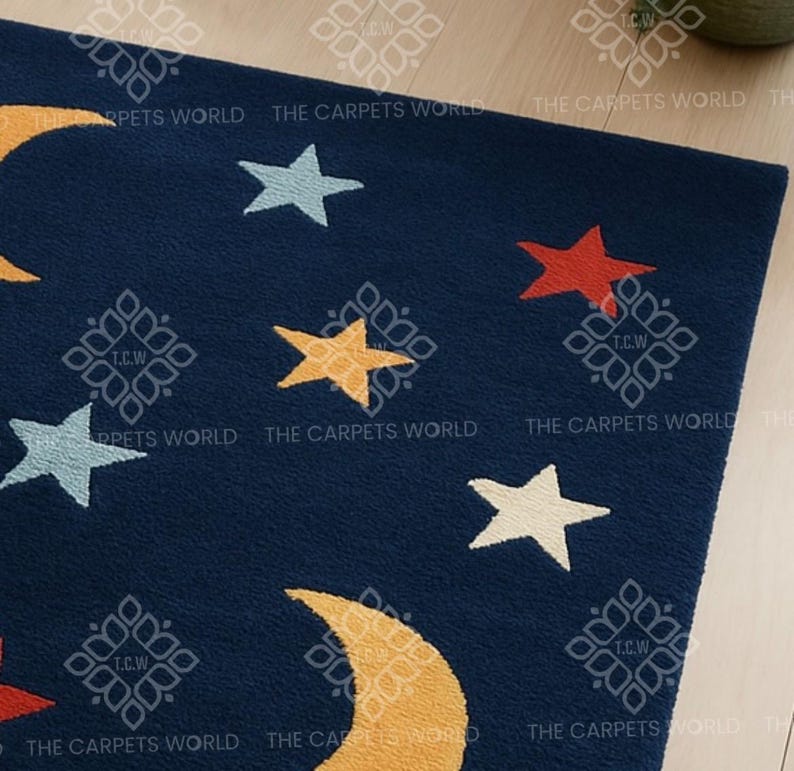 9x12 Colorful Moon & Stars Hand Tufted Rug, Celestial Navy Blue Nursery ...