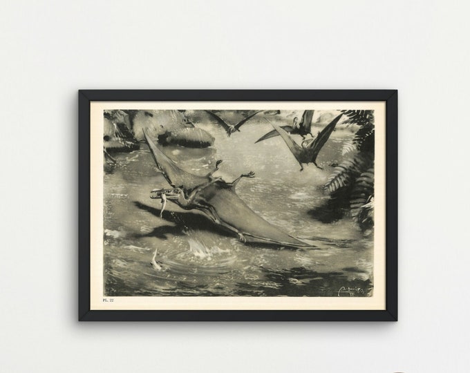 Pteranodon Art Print, Vintage Dinosaur Painting, Antique Dinosaur Wall ...