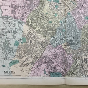 1895 Large LEEDS CITY PLAN - Original Antique Map - Bacon Map - Large ...