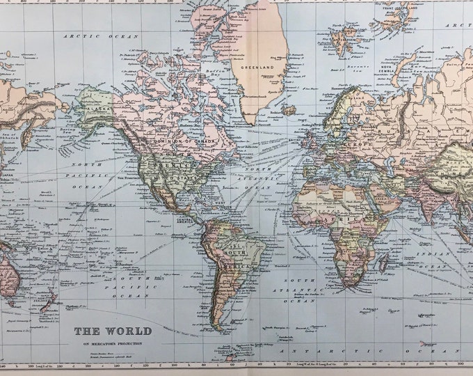1895 Large WORLD MAP on Mercator's Projection - Original Antique Map ...
