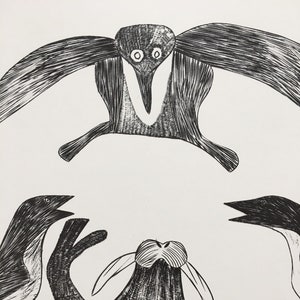 1974 INUIT ART owl Descending on Walrus Kiawak Eskimo Wall Art Inuit ...