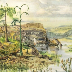 1960 DEVONIAN PERIOD LANDSCAPE Print - Prehistoric Print - Paleoart ...