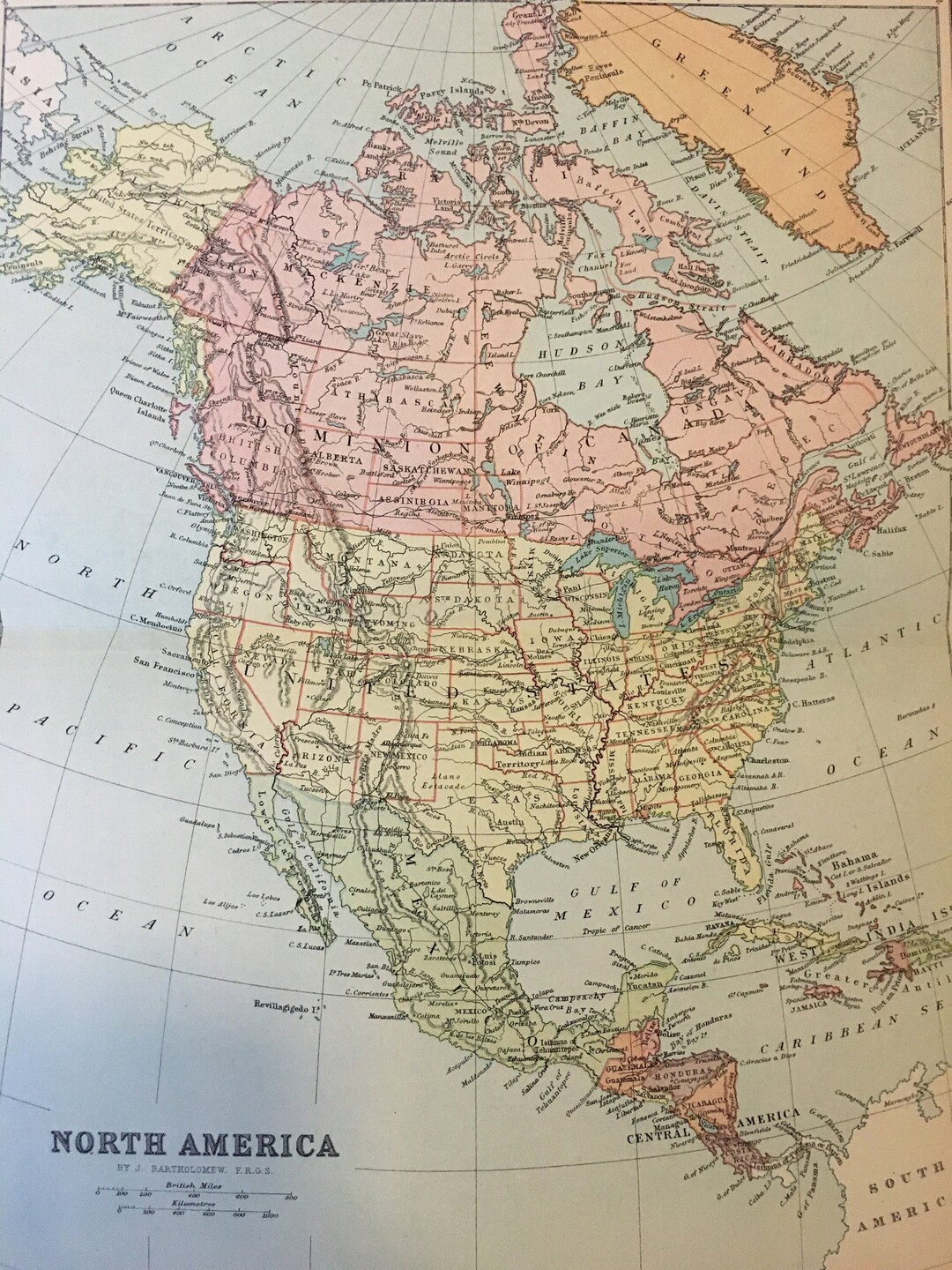 1901 NORTH AMERICA MAP Bartholomew Map Antique Map of America Original ...