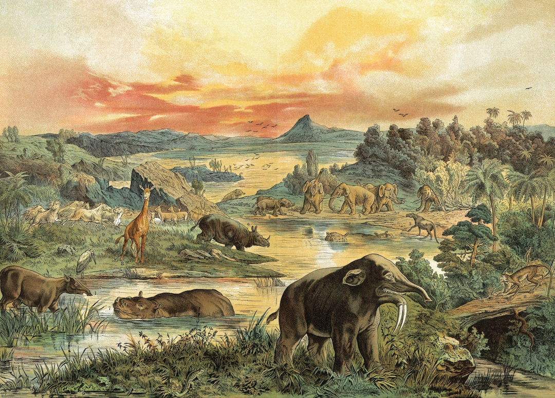 1878 PREHISTORIC ANIMALS Print - Paleogene Period - Antique Paleoart - Mammoth Wall Art ...