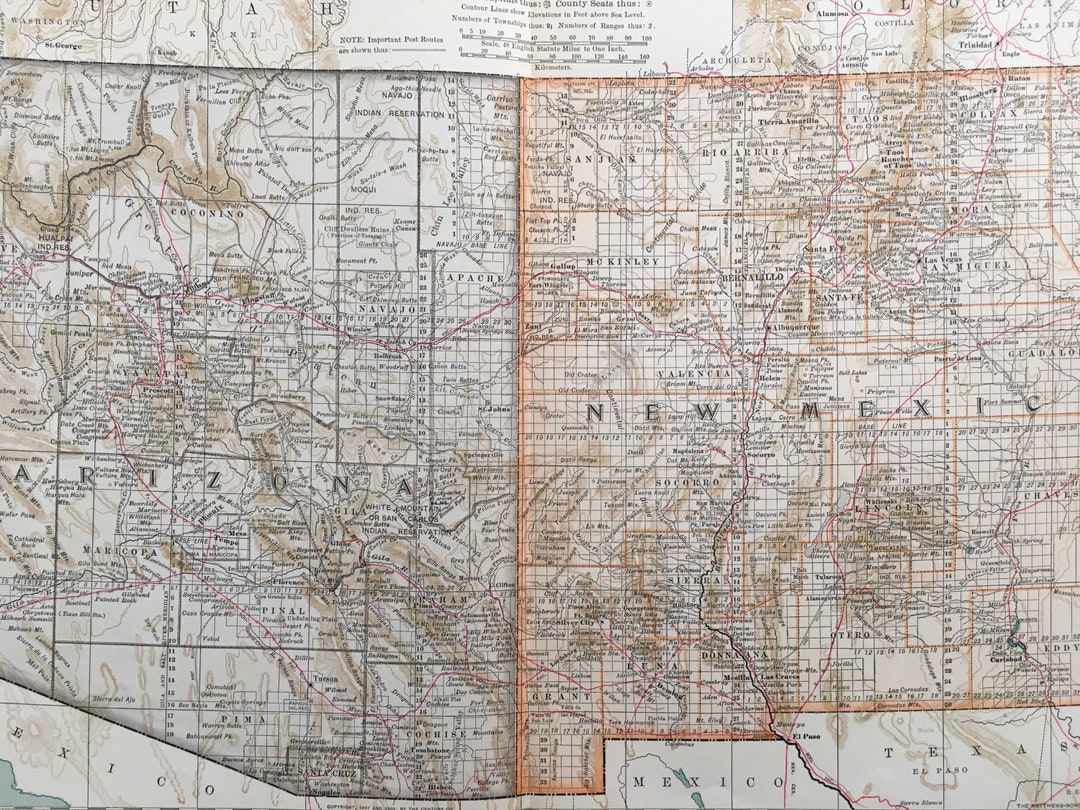 1903 Large ARIZONA & NEW MEXICO Map - U.S. States Map - America Map ...