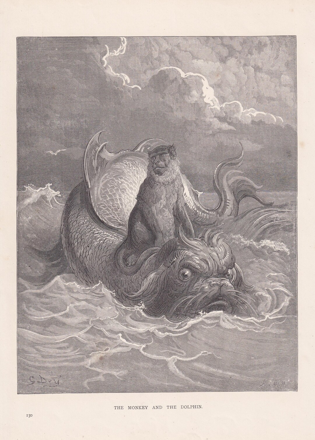 1870 GUSTAVE DORE Print - "the Monkey and the Dolphin" - Dore Wall Art ...