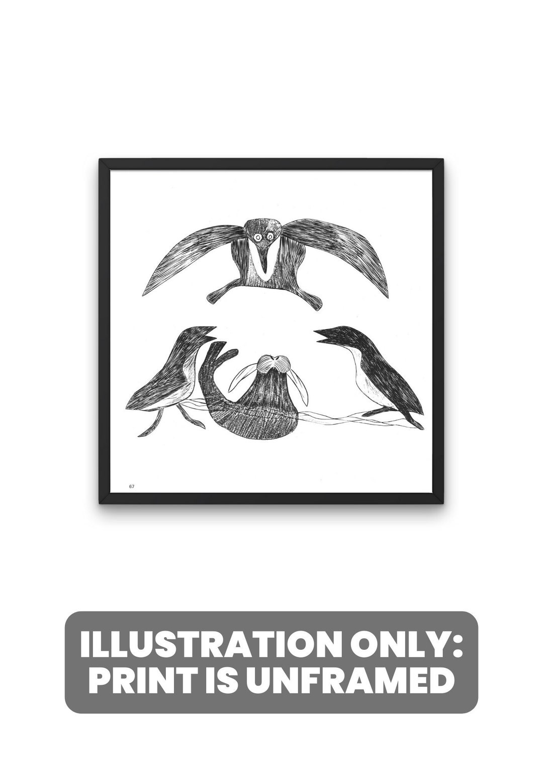 1974 INUIT ART - "owl Descending on Walrus" - Kiawak - Eskimo Wall Art ...