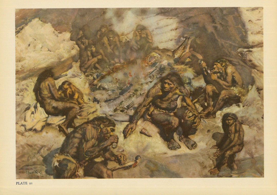 1960 NEANDERTHAL CANNIBALS (KRAPINA) Print - Prehistoric Man Print ...