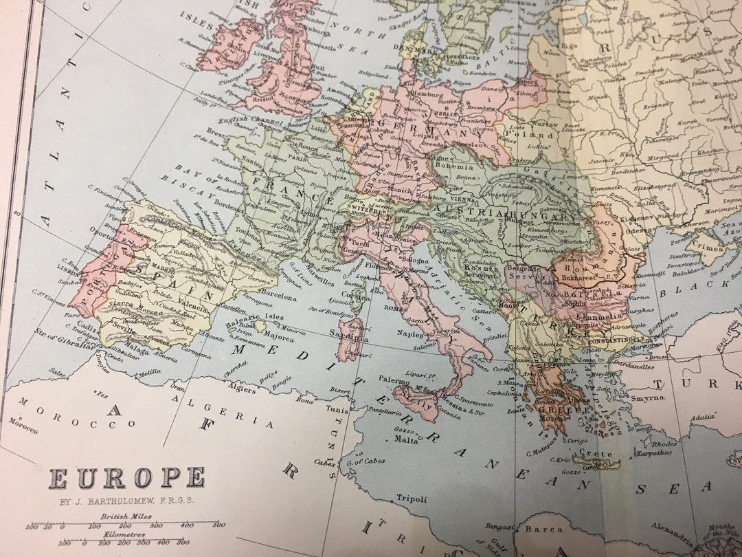 1890 EUROPE MAP - Bartholomew Map - Antique Map of Europe - Cartography - Original Antique Print ...
