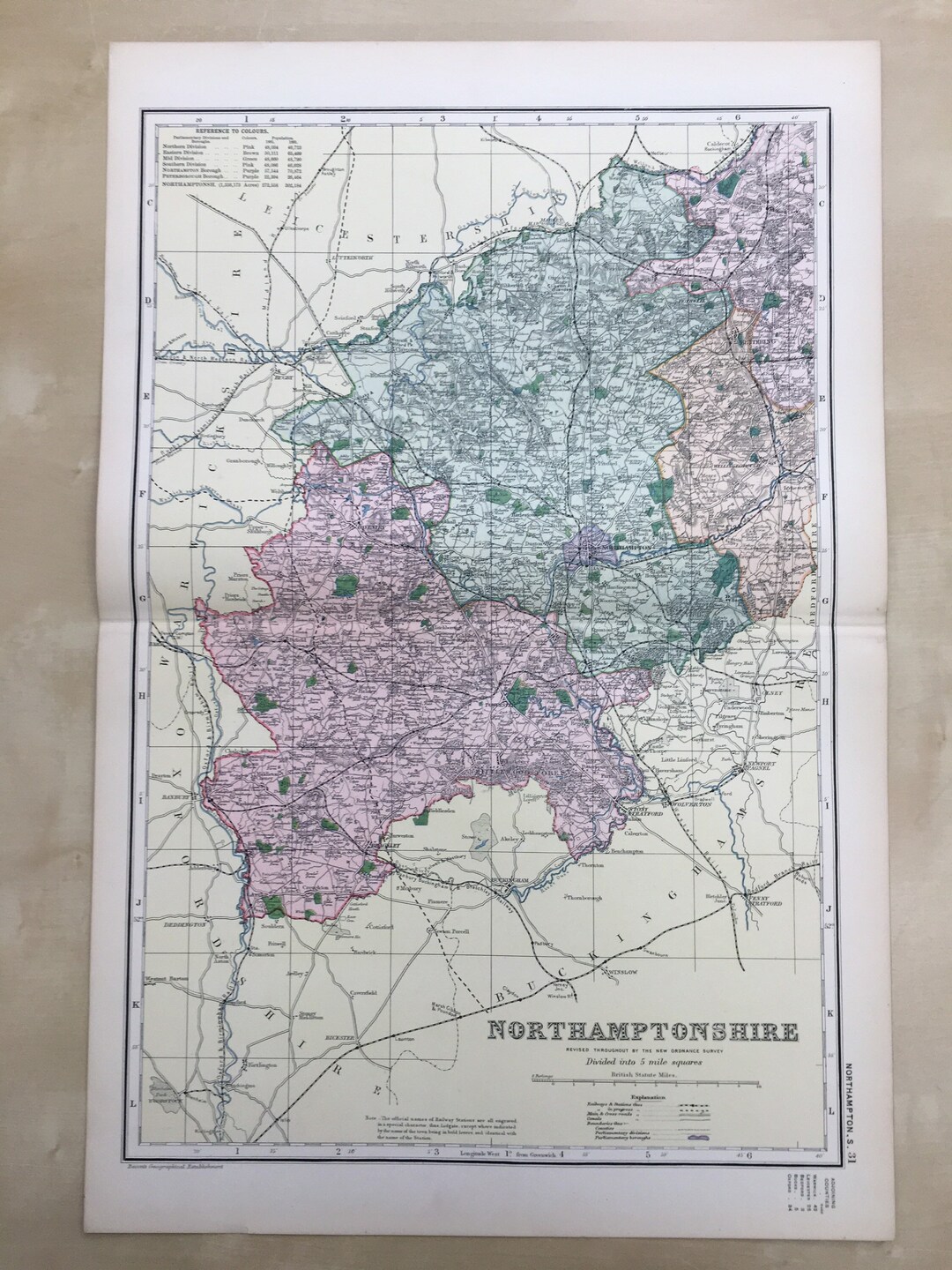 1895 Large NORTHAMPTONSHIRE SOUTH MAP - Original Antique Map - Bacon ...