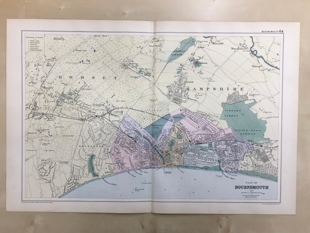 1895 Large BOURNEMOUTH CITY PLAN - Original Antique Map - Bacon Map ...