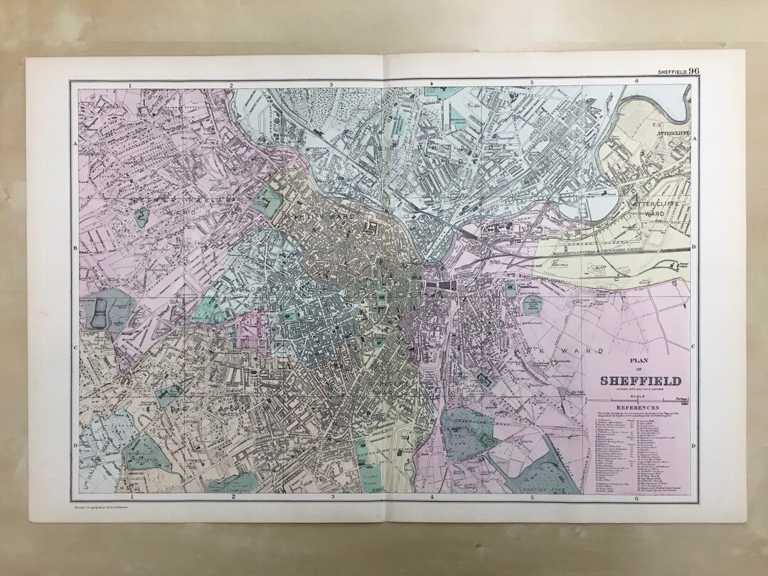 1895 Large SHEFFIELD CITY PLAN - Original Antique Map - Bacon Map ...