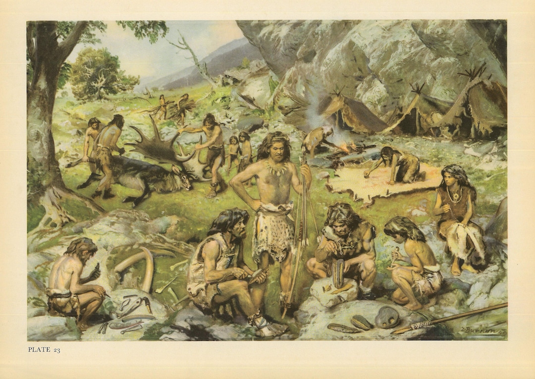1960 PALEOLITHIC MAN Print - Prehistoric Man Print - Paleoart - Human ...