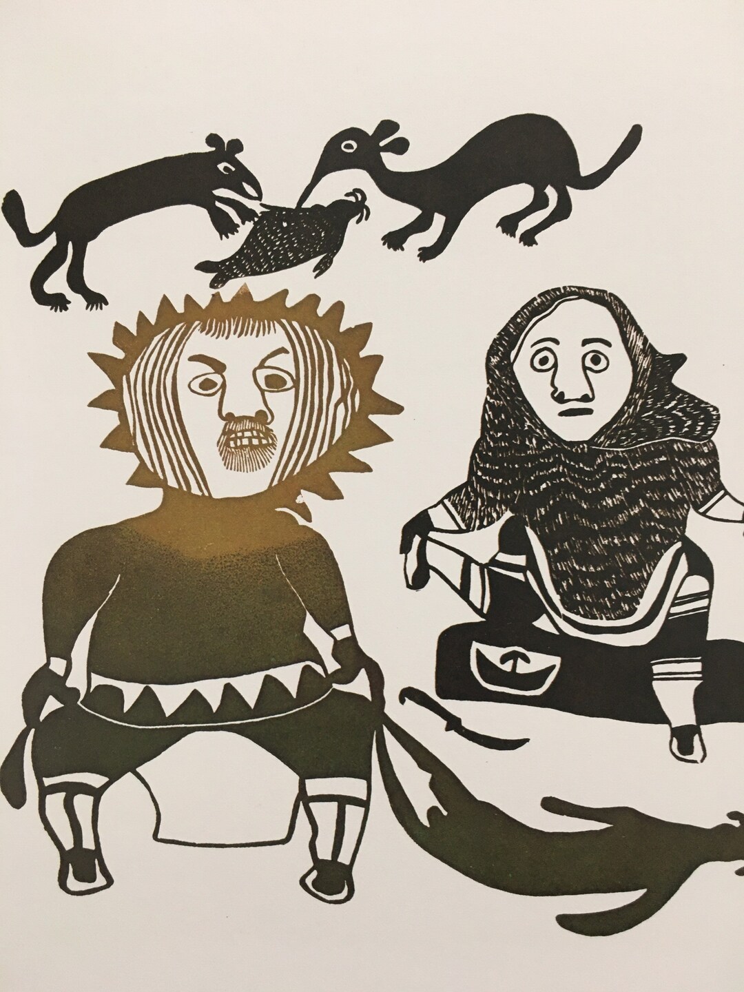 1974 INUIT ART strange Scene Kiakshuk / Iyola Eskimo Wall Art Inuit ...