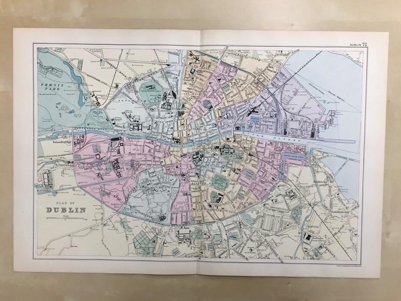 1895 Large DUBLIN CITY PLAN Original Antique Map Bacon Map - Etsy