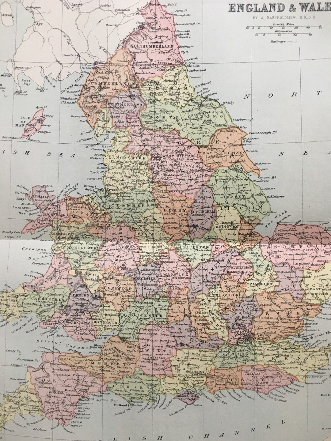 1905 ENGLAND & WALES MAP Antique Map of Britain Cartography Map Wall ...