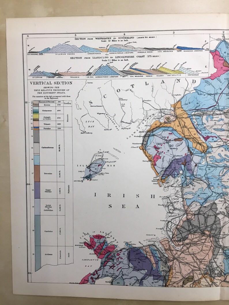 1895 Large GEOLOGICAL MAP of North of England Original - Etsy