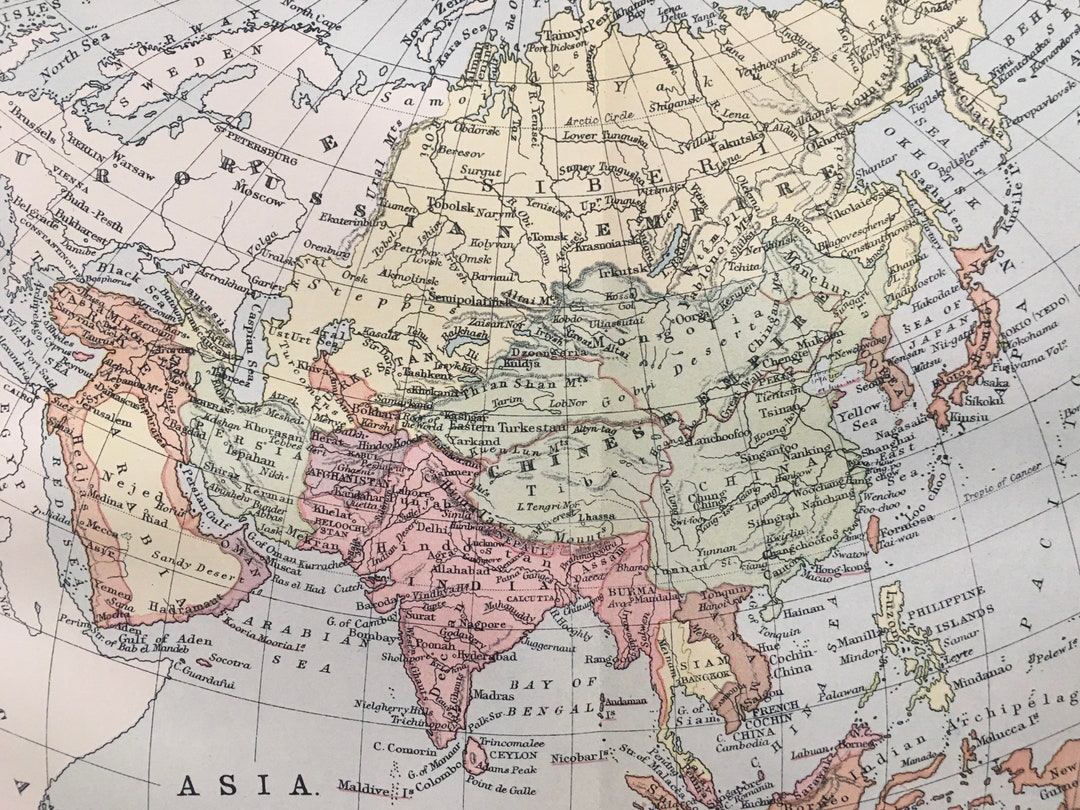 1905 ASIA MAP - Antique Map of India, China - Cartography - Map Wall ...