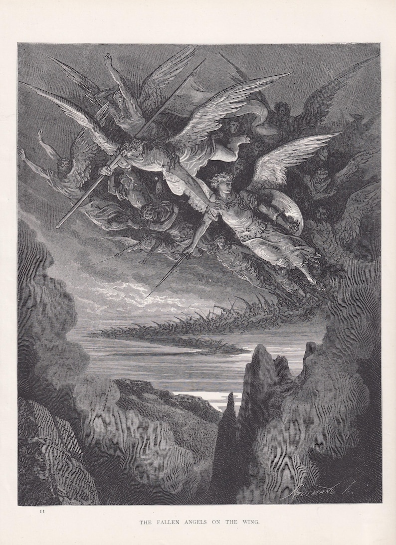 Original 1870 GUSTAVE DORE Print - "the Fallen Angels on the Wing ...