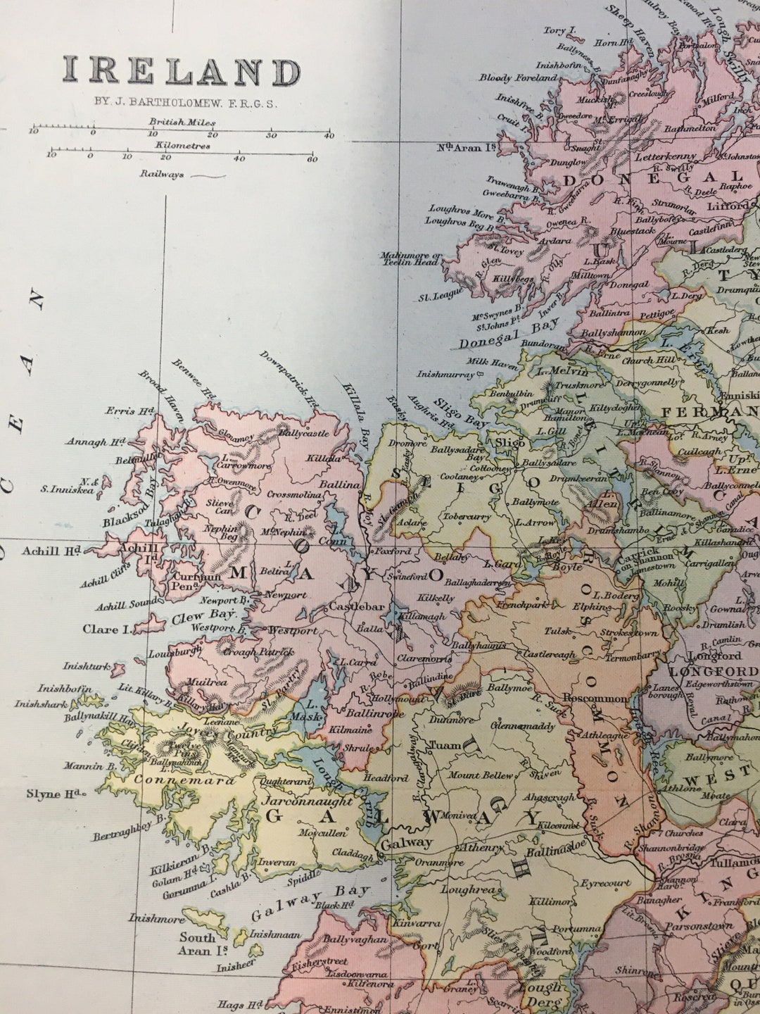 1890 IRELAND MAP Bartholomew Map of Ireland Antique Map of - Etsy