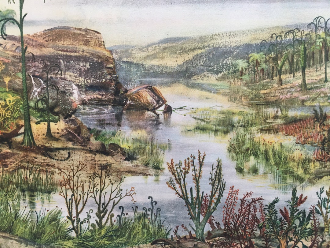 1960 DEVONIAN PERIOD LANDSCAPE Print Prehistoric Print Paleoart Paleontology Print Dinosaur ...