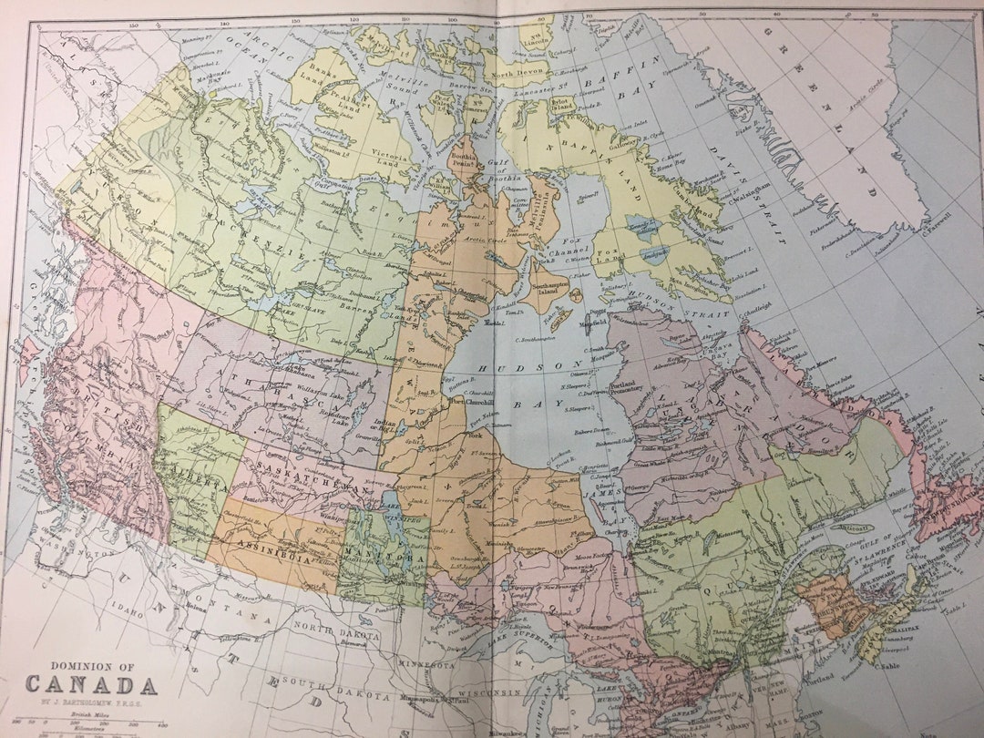 1890 CANADA MAP - Bartholomew Map - Antique Map of Canada - Original ...