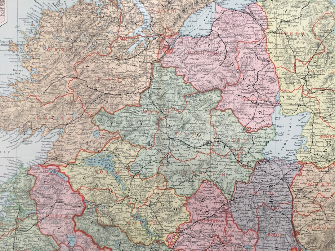 1895 Large NORTH IRELAND MAP Original Antique Map Bacon Map Large Wall ...