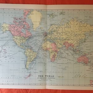 1890 WORLD MAP Mercator's Projection - Bartholomew Map - Antique Map of ...