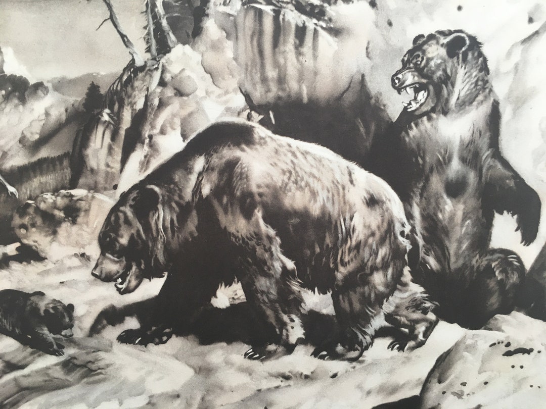 1960 CAVE BEAR & NEANDERTHALS Print - Prehistoric Animals Print ...
