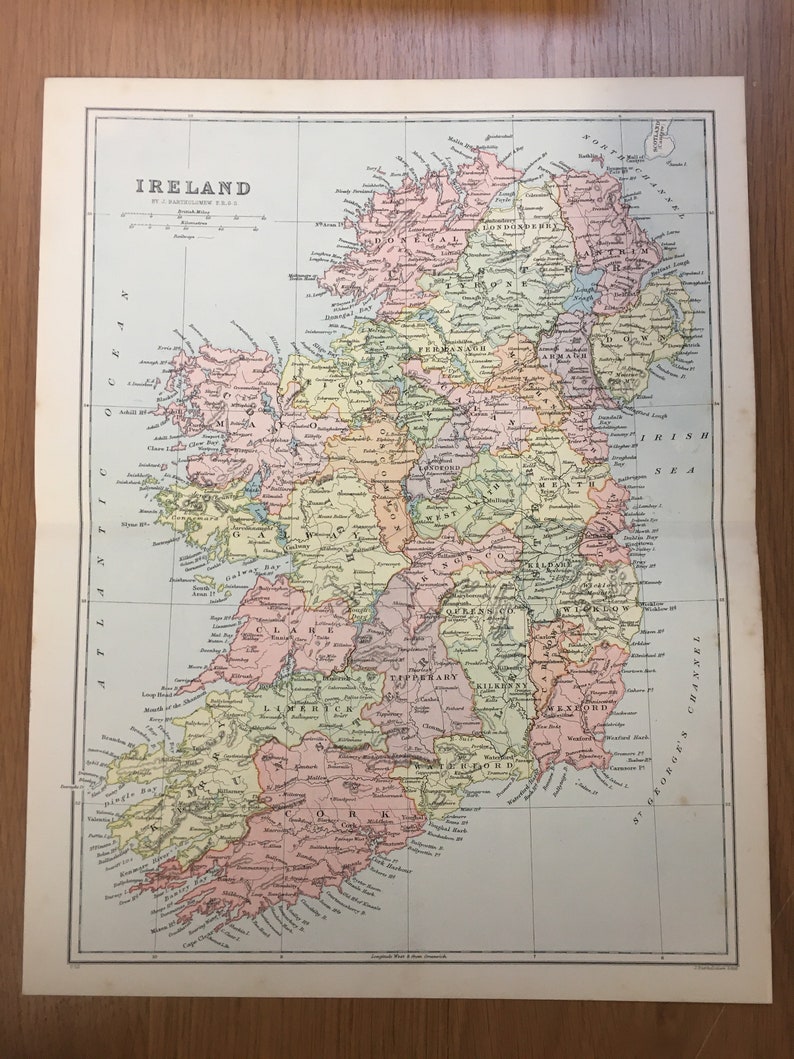 1890 IRELAND MAP Bartholomew Map of Ireland Antique Map of - Etsy