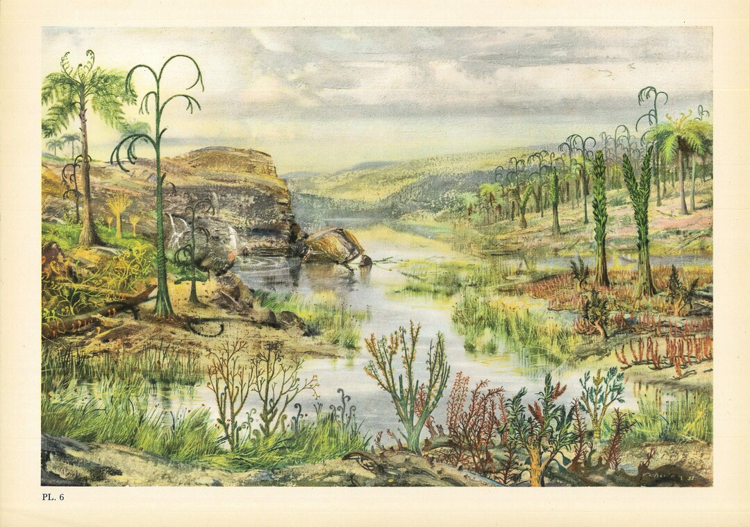1960 DEVONIAN PERIOD LANDSCAPE Print - Prehistoric Print - Paleoart ...