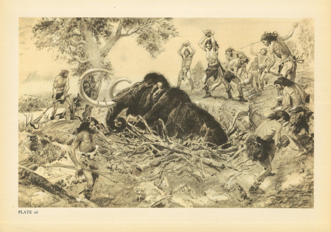 1960 CAVEMAN HUNTING MAMMOTH Print - Prehistoric Man Print - Paleoart ...