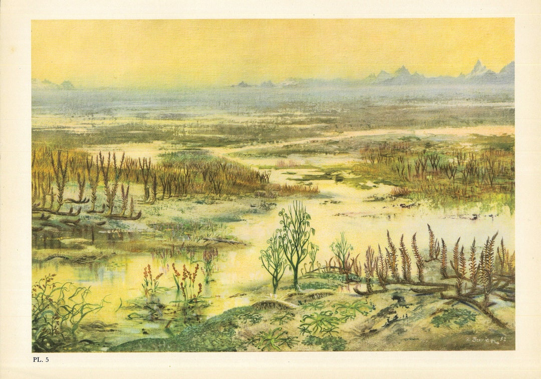 1960 DEVONIAN PERIOD LANDSCAPE Print - Prehistoric Print - Paleoart ...