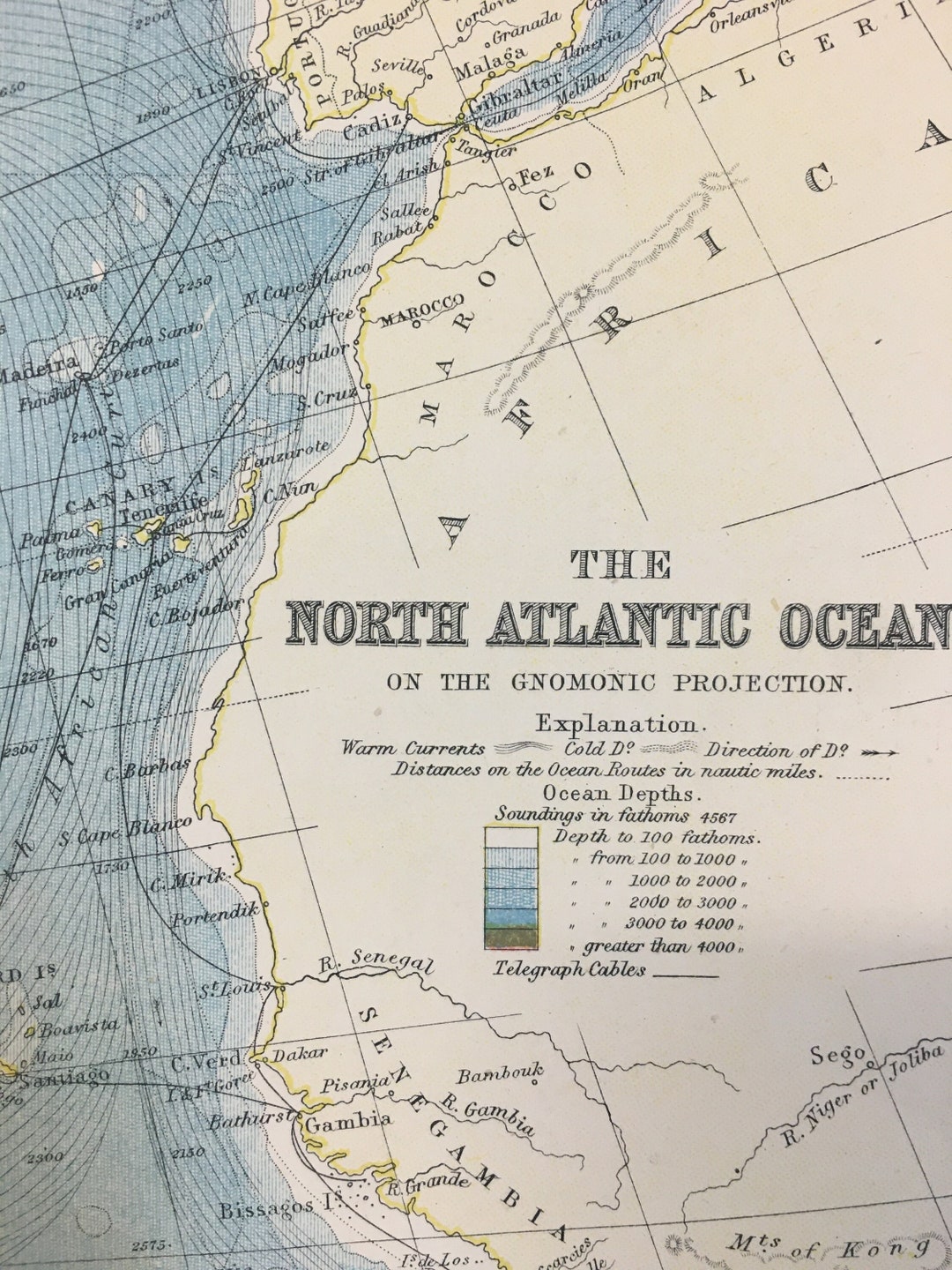 1890 NORTH ATLANTIC OCEAN Map on Gnomic Projection Bartholomew Map ...