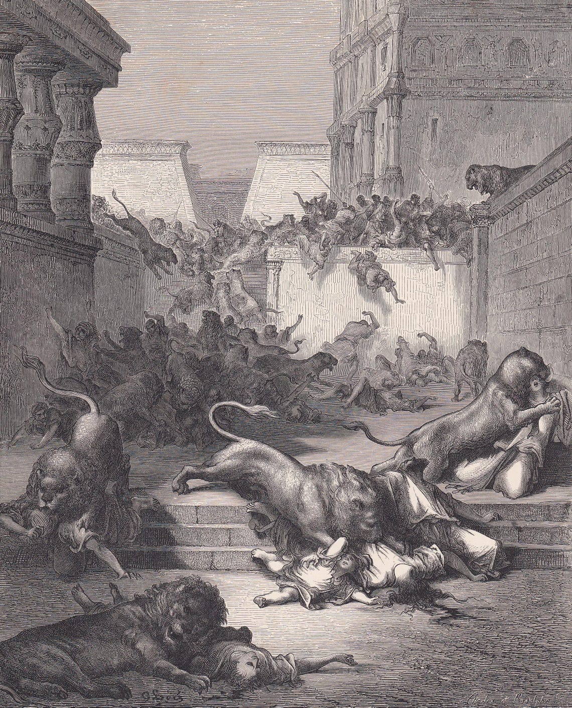 1870 GUSTAVE DORE Print - "the Strange Nations Slain by the Lions of ...