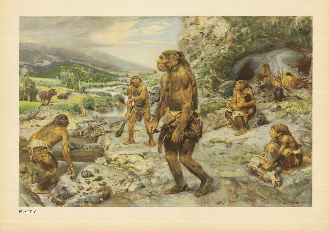 1960 NEANDERTHAL CAMP Print - Prehistoric Man Print - Paleoart - Human ...