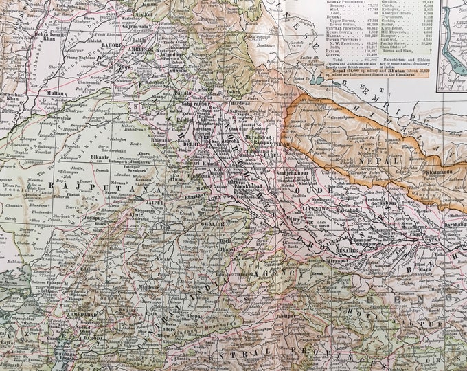 1903 Large NORTHERN INDIA MAP, Inset of Calcutta Antique India Map ...