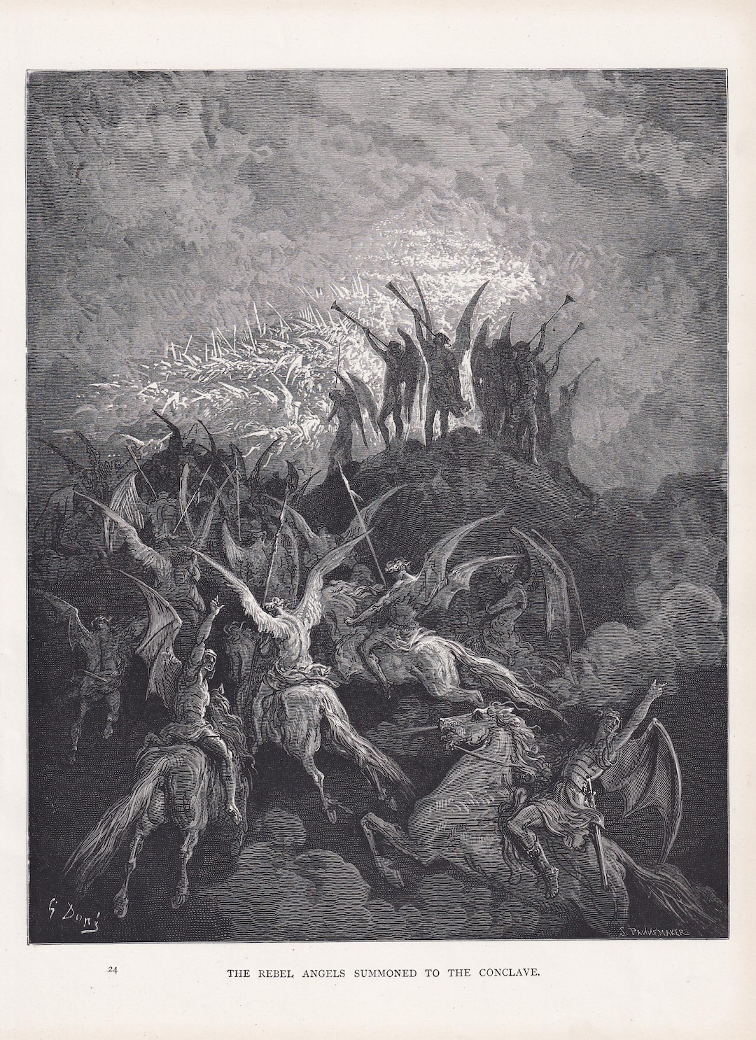 1870 GUSTAVE DORE Print - "the Rebel Angels Summoned to the Conclave ...