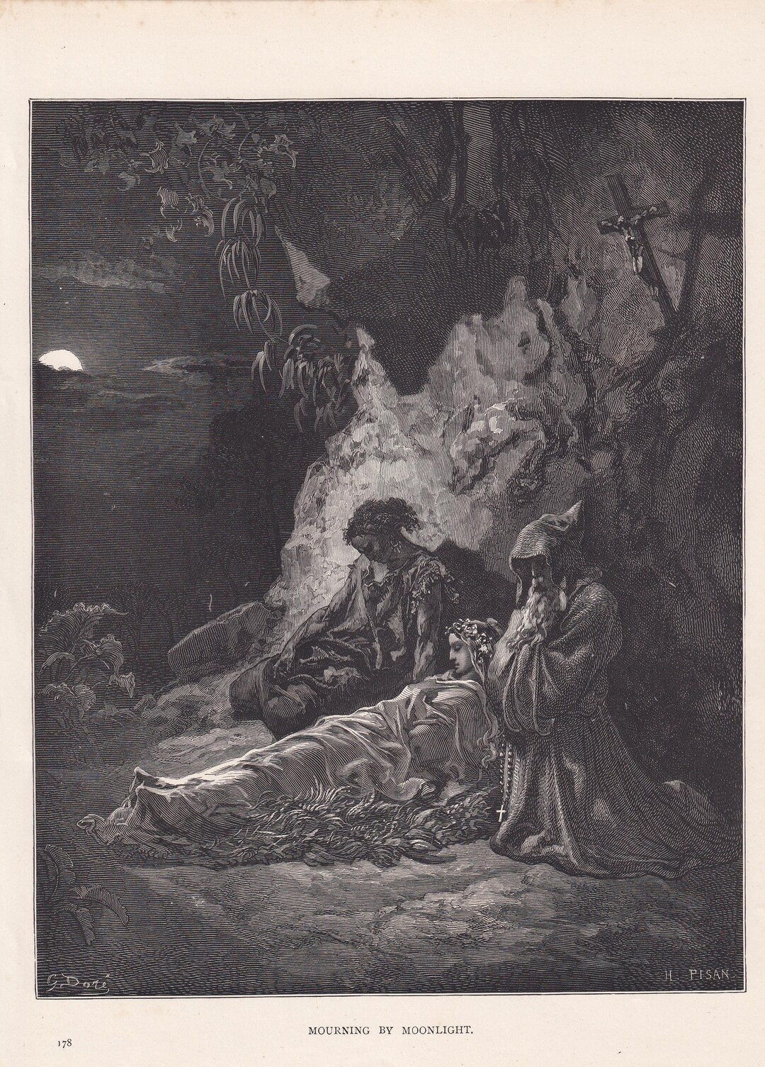 1870 GUSTAVE DORE Print - "mourning by Moonlight" - Dore Wall Art ...