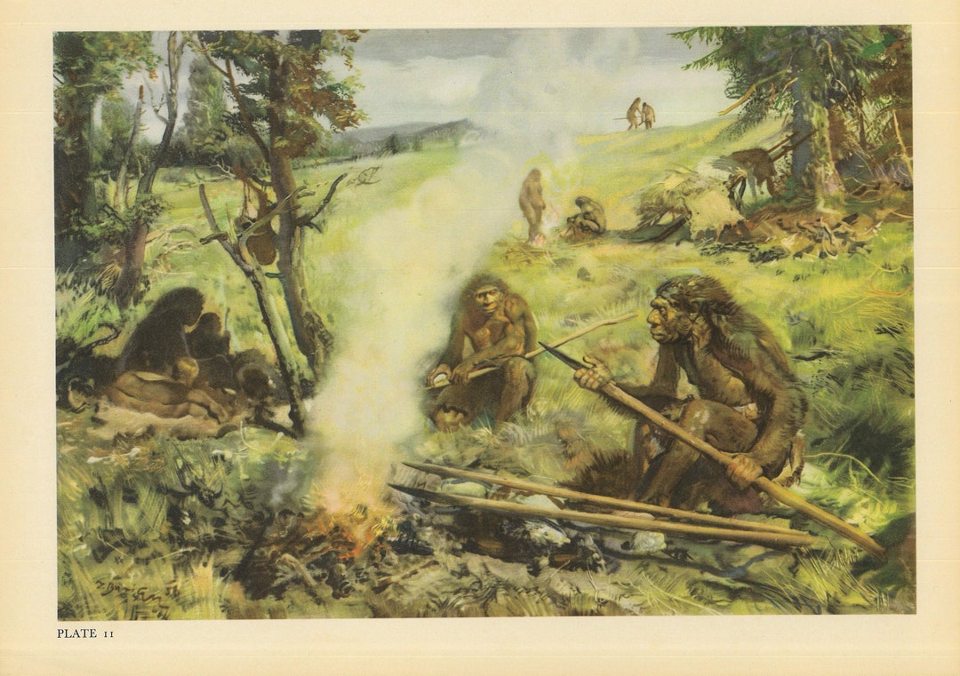 1960 NEANDERTHAL TOOL USE Print - Prehistoric Man Print - Paleoart ...