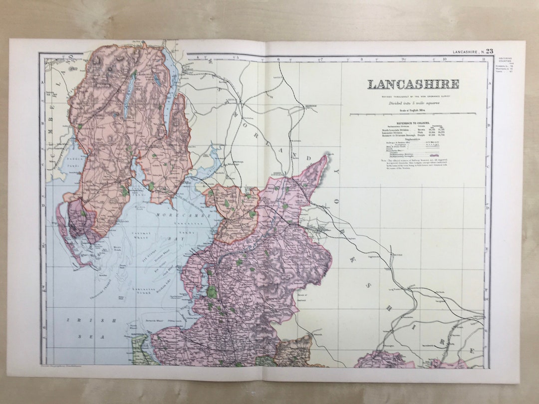 1895 Large NORTH LANCASHIRE MAP - Original Antique Map - Bacon Map ...