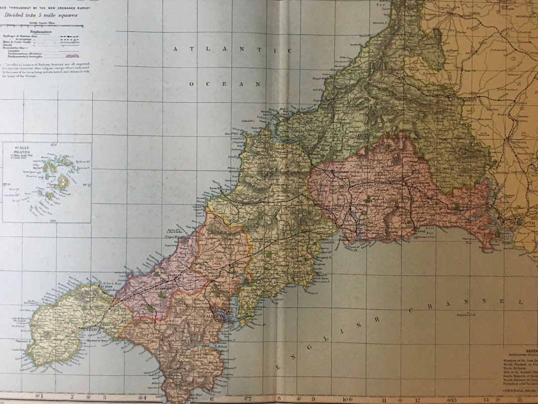 1895 Large MAP of CORNWALL Original Antique Map - Etsy